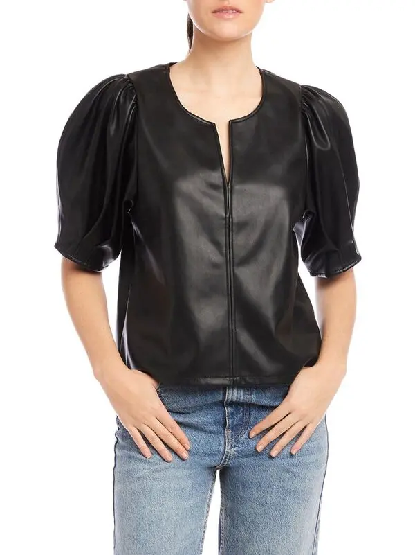 Fifteen Twenty Puff Sleeve Faux Leather Top - Black