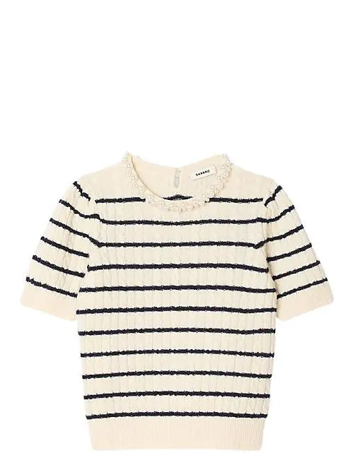 Sandro Striped Wool And Cashmere-blend Jumper With Pearl Collar - Ecru