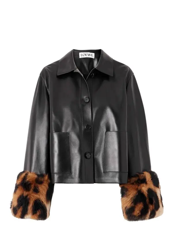 Loewe Leopard-print Shearling-trimmed Glossed-leather Jacket - Black
