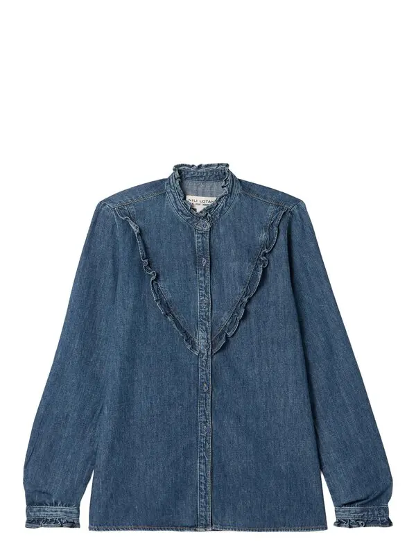 NILI LOTAN Marcela Ruffled Denim Shirt - Blue