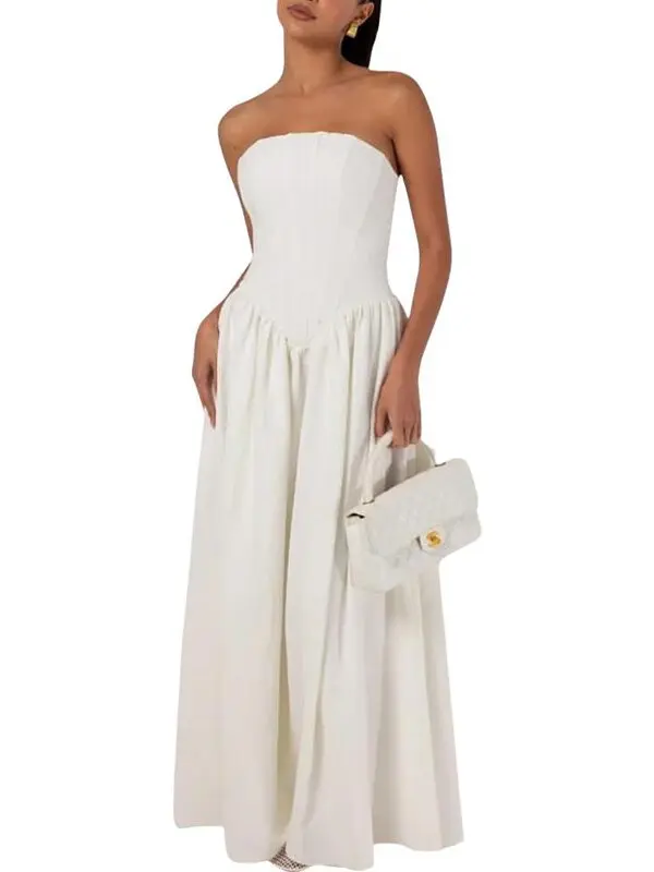 HEIRESS BEVERLY HILLS Strapless Corset Crepe Flare Maxi Dress - White