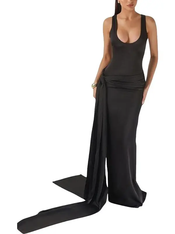HEIRESS BEVERLY HILLS Low Neckline Satin Sarong Maxi Dress - Black