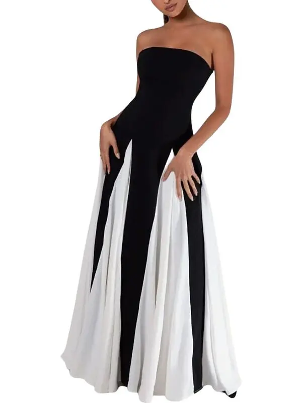 HEIRESS BEVERLY HILLS Strapless Colorblock Pleated Maxi Dress - Black