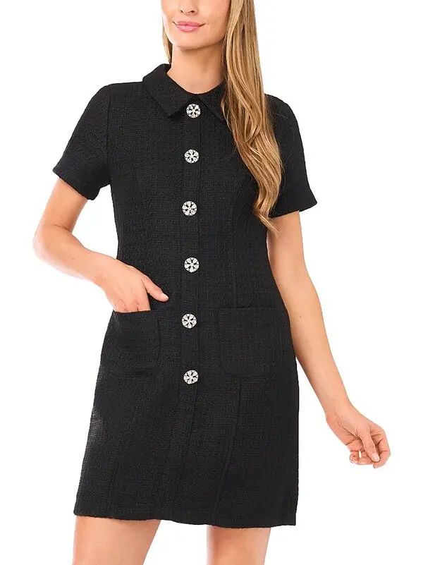 CECE DUPRAZ Rhinestone Button Shift Dress - Rich Black