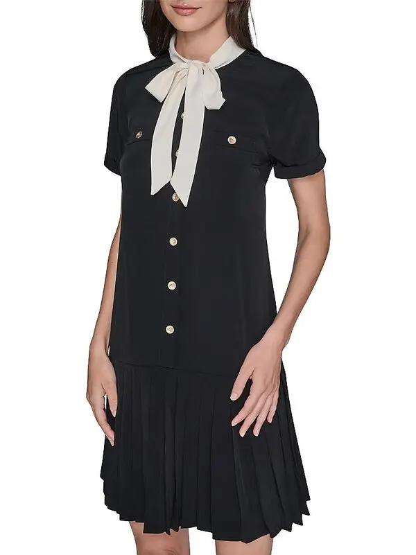 Karl Lagerfeld Paris Bow Neck Pleated Skirt Dress - Black/birch
