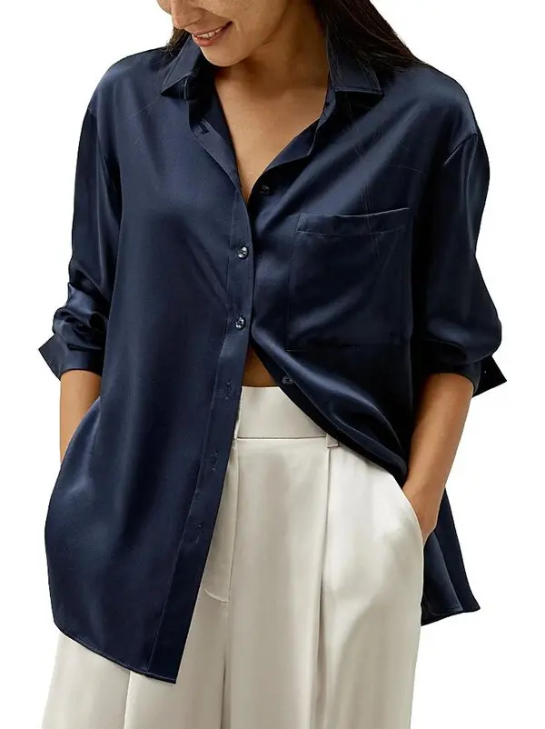Lilysilk Casual Spread Collar Silk Shirt - Navy Blue