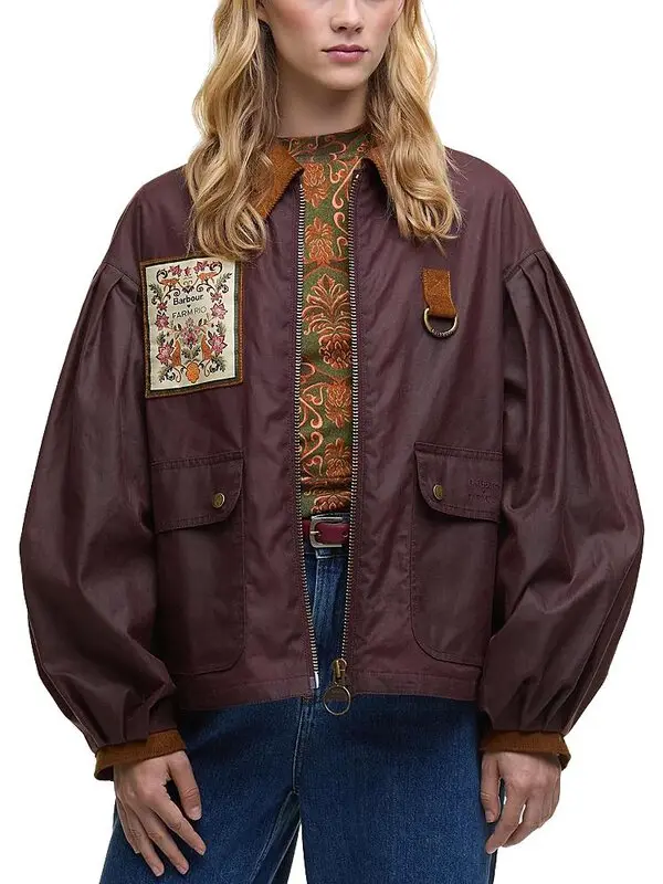 Barbour X Farm Rio Thais Wax Jacket - Bordeaux/cream Heart Print