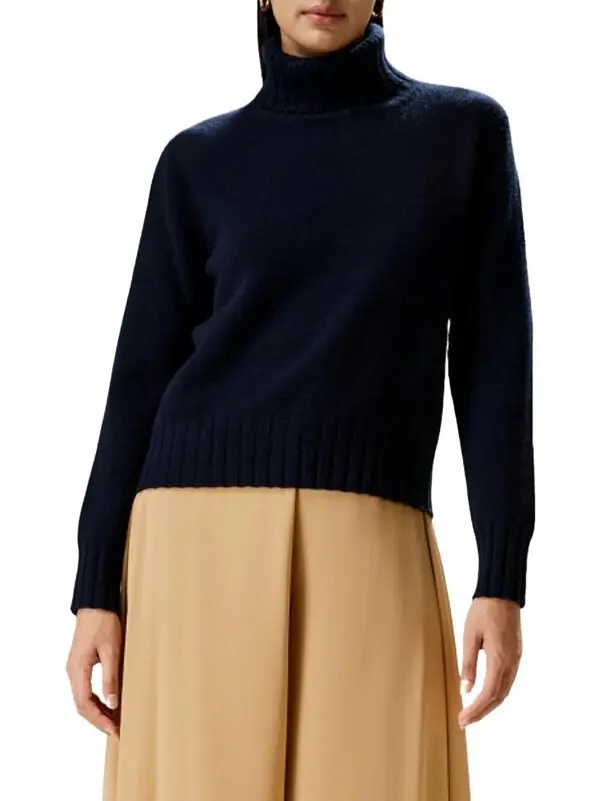 Lilysilk Ribbed Hemline Turtleneck Sweater - Navy Blue