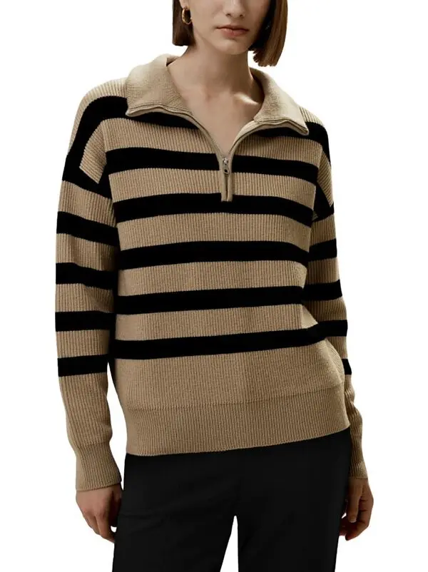 Lilysilk Collared Quarter-zip Striped Wool Sweater - Camel With Black Stripes