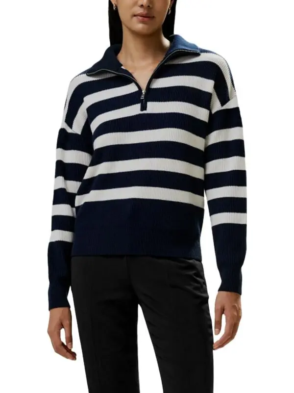 Lilysilk Collared Quarter-zip Striped Wool Sweater - Navy Blue And White Stripes
