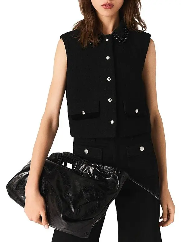 Maje Pearl Collar Sleeveless Top - Black
