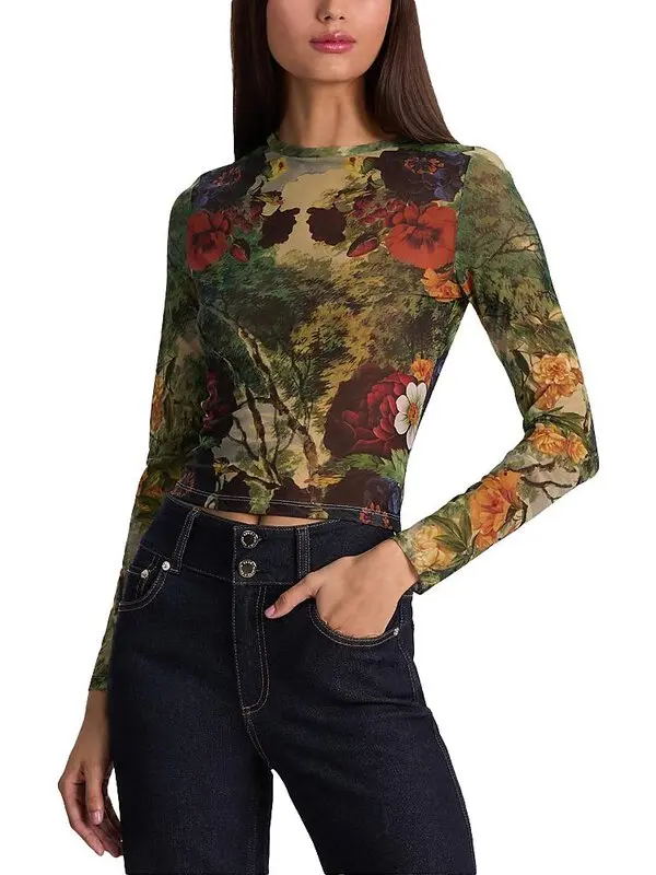 Alice + Olivia Delaina Printed Mesh Long Sleeve Top - Forbidden Forest