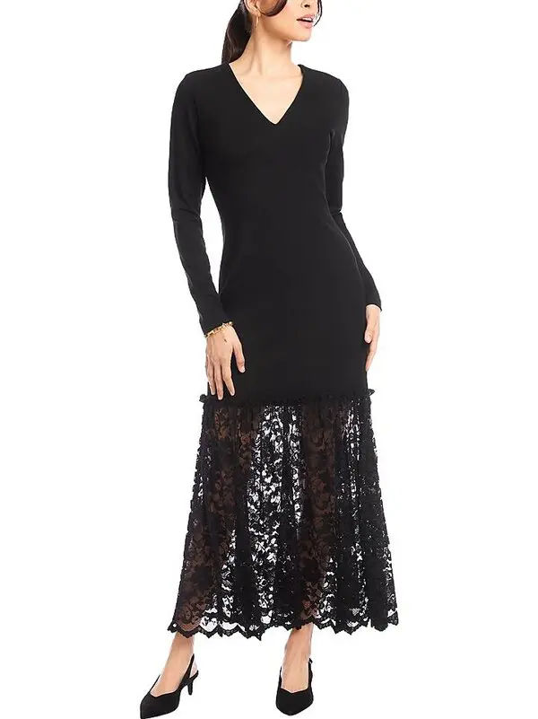 Karen Kane Long Sleeve Lace Hem Dress - Black