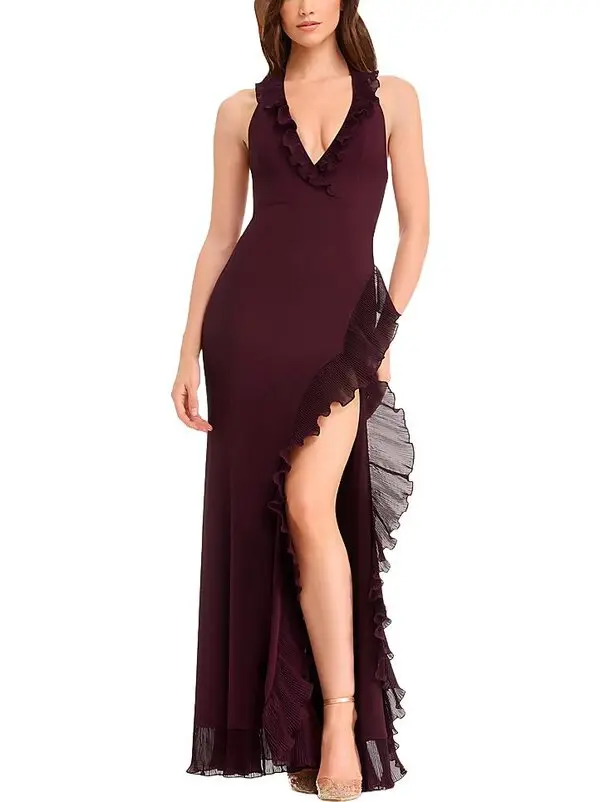 Dress The Population Kathleen Ruffled Halter Gown - Dark Cherry