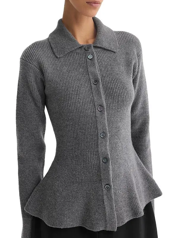 RÓHE Wool Cashmere Peplum Rib Cardigan - Dark Grey