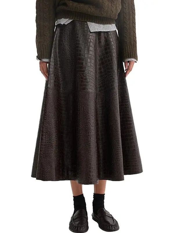 RÓHE A-line Croco Leather Skirt - Mahogany