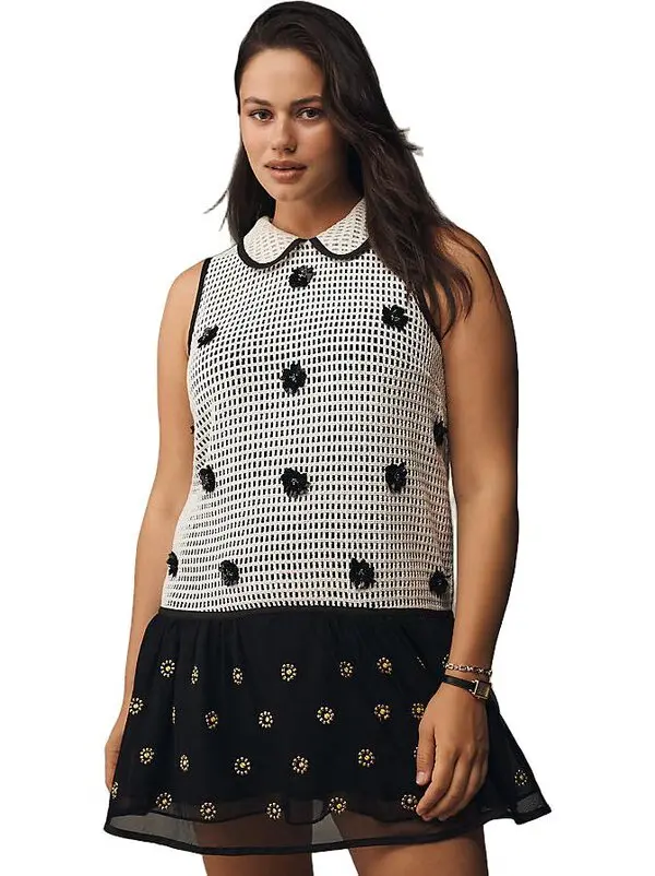 Maeve Sleeveless Embellished Drop-waist Mini Dress - Black & White Pattern
