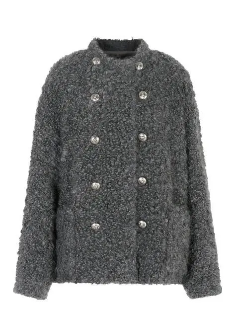 Giorgio Armani Bouclé Virgin Wool And Mohair Wool Pea Coat - Black / White / Pink / Gray