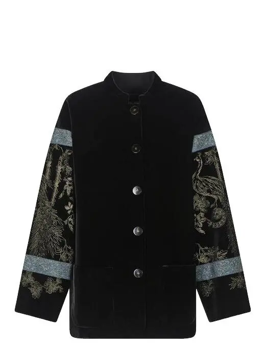 Giorgio Armani Embroidered Velvet Pea Coat - Black