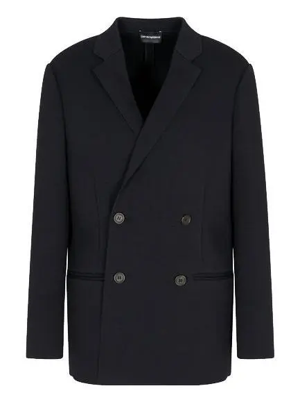Emporio Armani Double-breasted Blazer In A Plain-knit Wool Blend - Navy