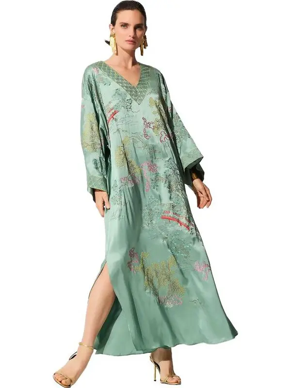 Natori Couture Nara Embellished Silk Caftan - Green