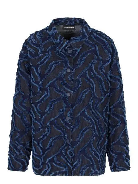 Emporio Armani Embossed-motif Jacquard Denim Shirt Jacket With Fringes - Blue