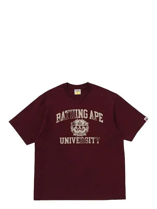 A BATHING APE Spray Print College Logo Relaxed Fit Tee Shirt - Burgundy