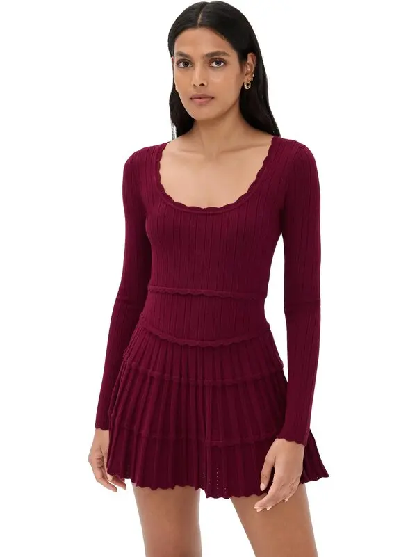 LoveShackFancy Long Sleeve Pointelle Knit Minidress - Spiced Berry