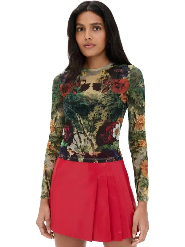 Alice + Olivia Delaina Printed Mesh Crop Top - Forbidden Forest