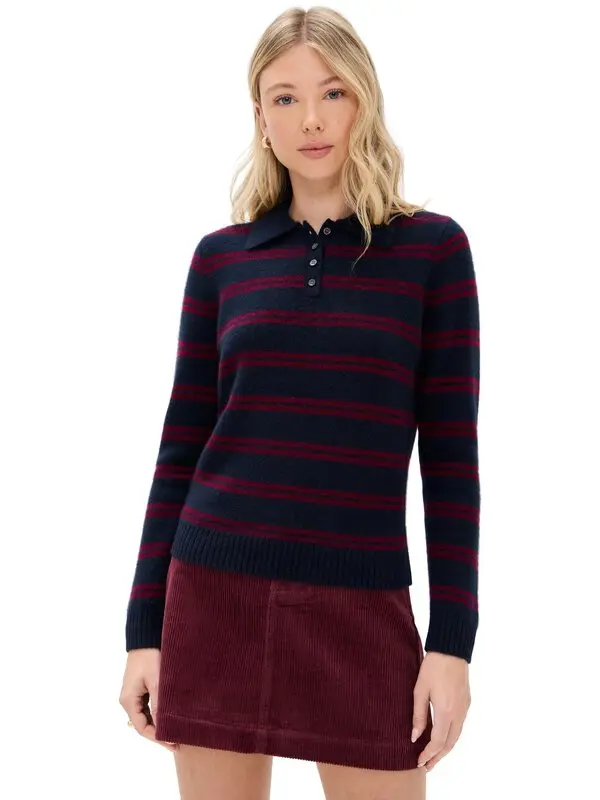 ALEX MILL Alice Polo In Cashmere Stripe - Deep Navy/barolo