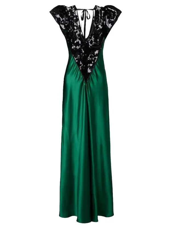 RODARTE Sequined Lace-trimmed Silk Gown - Green