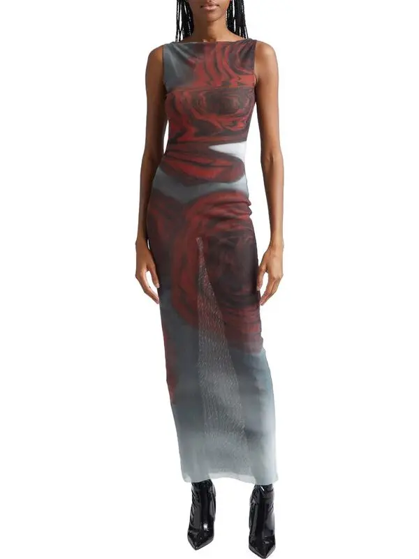 Jean Paul Gaultier Blurry Roses Print Mesh Dress - White/grey/red
