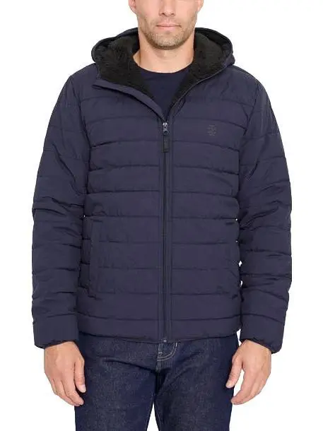 IZOD Hooded Stretch Puffer Jacket With Fleece Lining - Navy