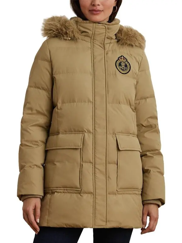 Ralph Lauren Crest Patch Down & Feather Fill Hooded Coat - Birch Tan