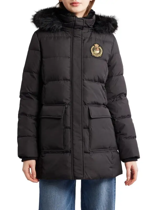 Ralph Lauren Crest Patch Down & Feather Fill Hooded Coat - Black