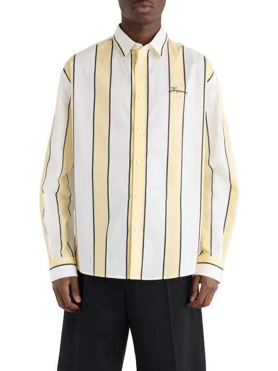 Jacquemus La Chemise Simon Stripe Button-up Shirt - Print Stripes White/yellow
