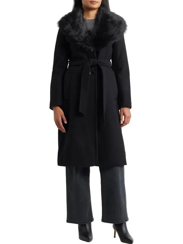 Sam Edelman Belted Coat With Faux Fur Collar - Black