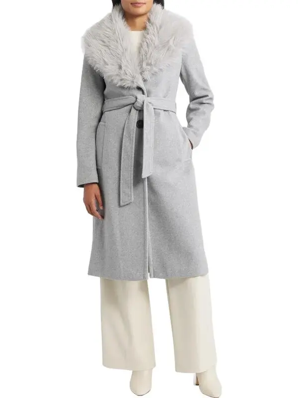 Sam Edelman Belted Coat With Faux Fur Collar - Feather Grey