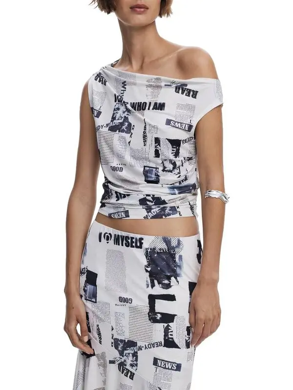 Desigual Newspaper Print One-shoulder Top - White