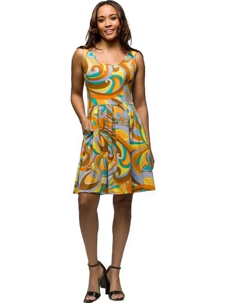 24SEVEN COMFORT APPAREL Sleeveless Knee Length Fit And Flare Pocket Dress - Yellow Multi