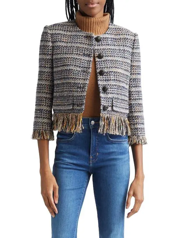 Veronica Beard Lyons Tweed Fringe Jacket - Navy Multi