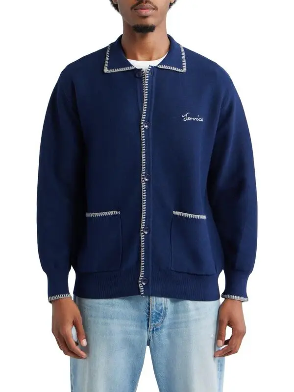 SERVICE WORKS Blanket Stitch Cotton Cardigan - Navy
