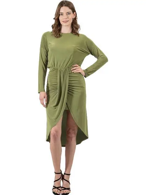 24SEVEN COMFORT APPAREL Long Sleeve Tulip Skirt Knee Length Dress - Avocado