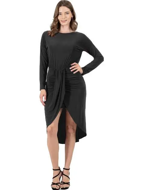 24SEVEN COMFORT APPAREL Long Sleeve Tulip Skirt Knee Length Dress - Black