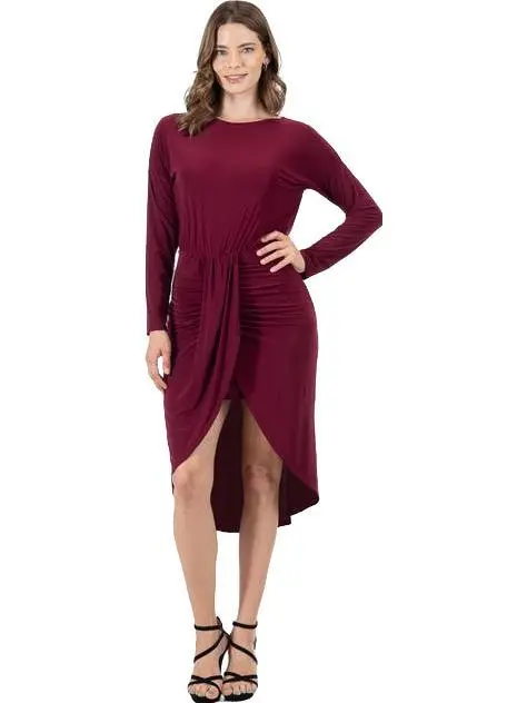 24SEVEN COMFORT APPAREL Long Sleeve Tulip Skirt Knee Length Dress - Burgundy
