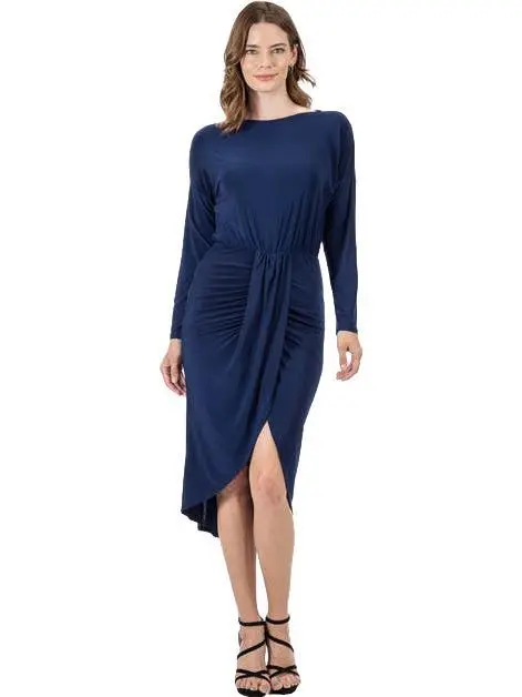 24SEVEN COMFORT APPAREL Long Sleeve Tulip Skirt Knee Length Dress - Navy