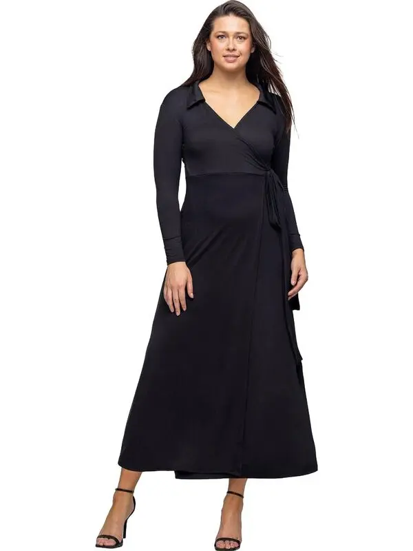 24SEVEN COMFORT APPAREL Collared Wrap Maxi Dress - Black