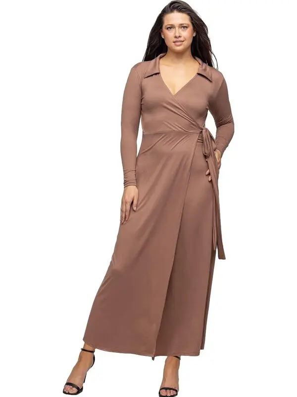 24SEVEN COMFORT APPAREL Collared Wrap Maxi Dress - Mocha