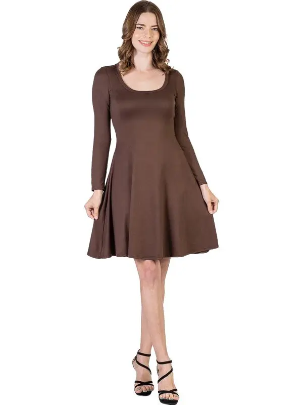 24SEVEN COMFORT APPAREL Classic Long Sleeve A-line Mini Dress - Brown
