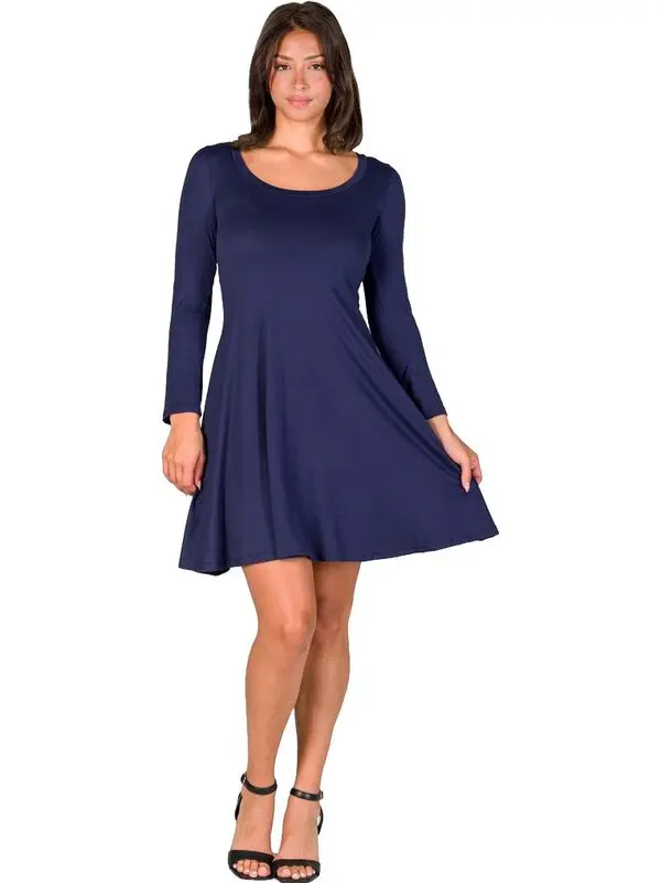 24SEVEN COMFORT APPAREL Classic Long Sleeve Flared Mini Dress - Navy